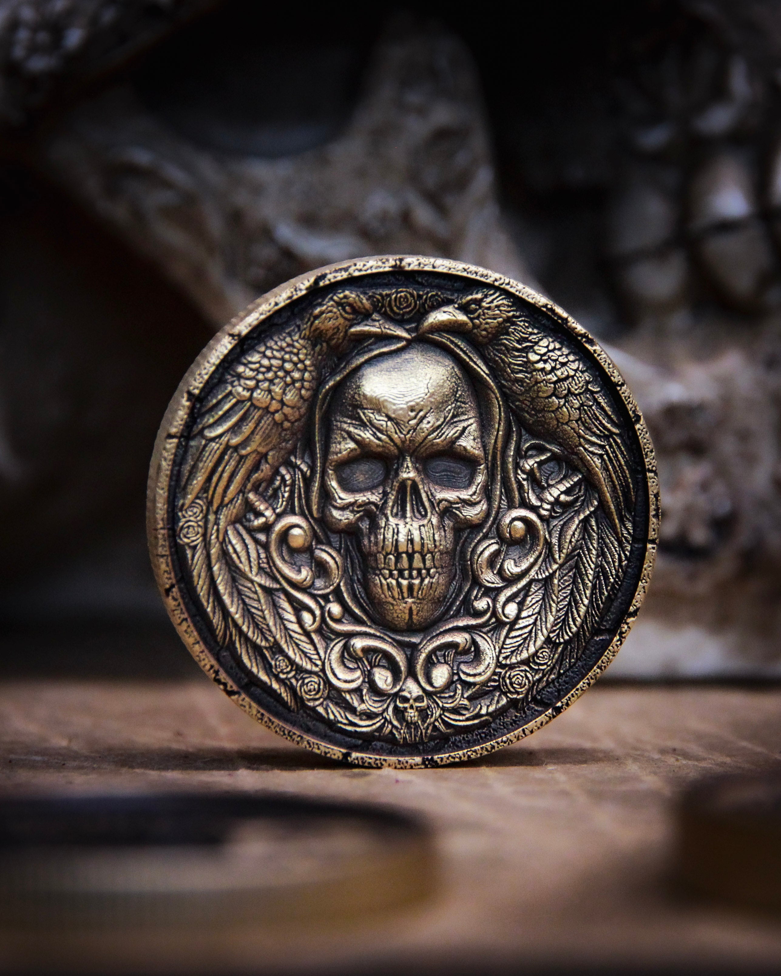 Raven & Skull Brass Coin – Gothic Gift | Limited Edition Solid Brass C ...
